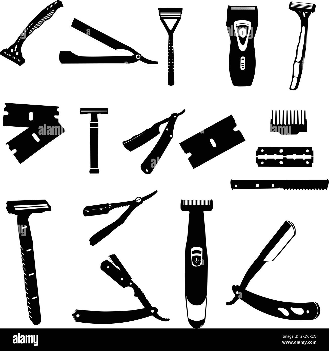 A collection of black silhouettes of barber shop tools on white ...
