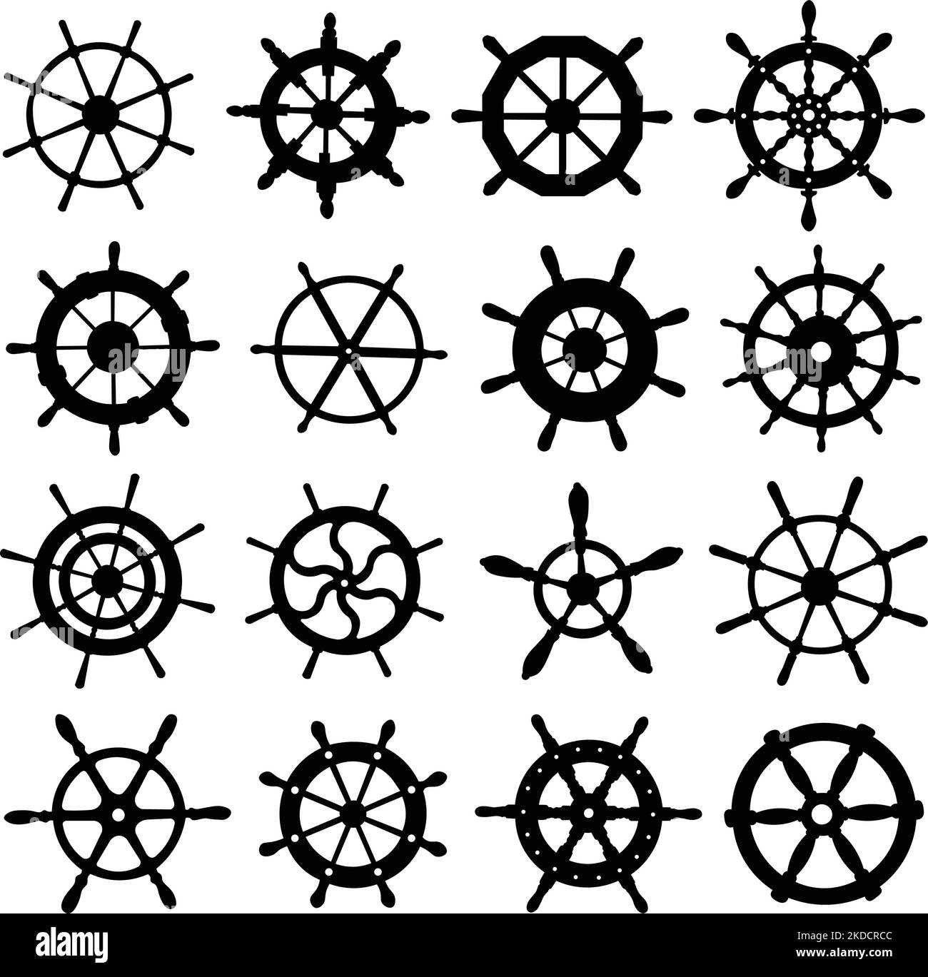 A collection of different ship wheels in black on white background ...