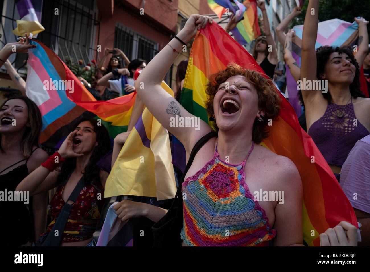 People march during the LGBTQ Pride March in Istanbul, Turkey, Sunday ...