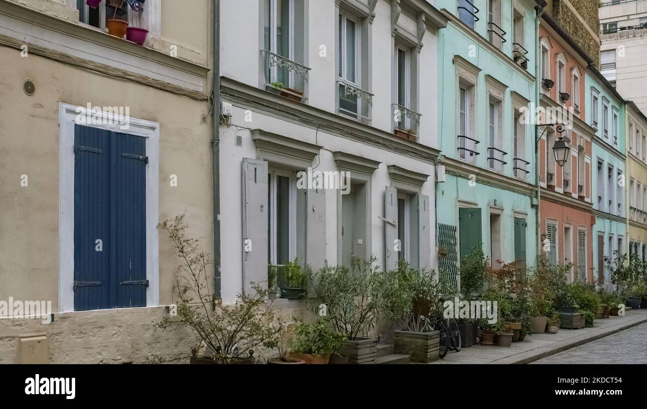 Paris, colorful houses rue Cremieux, typical street in the 12e ...