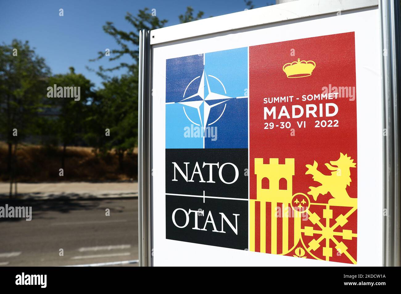 NATO Madrid 2022 Summit emblem is seen on a board near the venue two ...