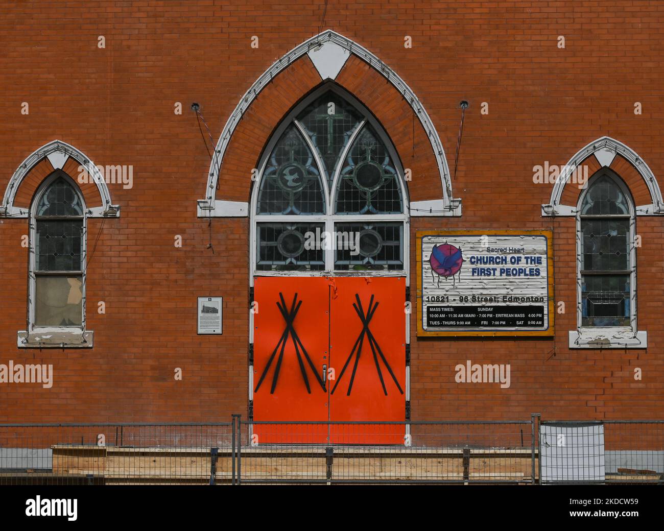 Detail of the facade of the Sacred Heart Church in downtown Edmonton ...