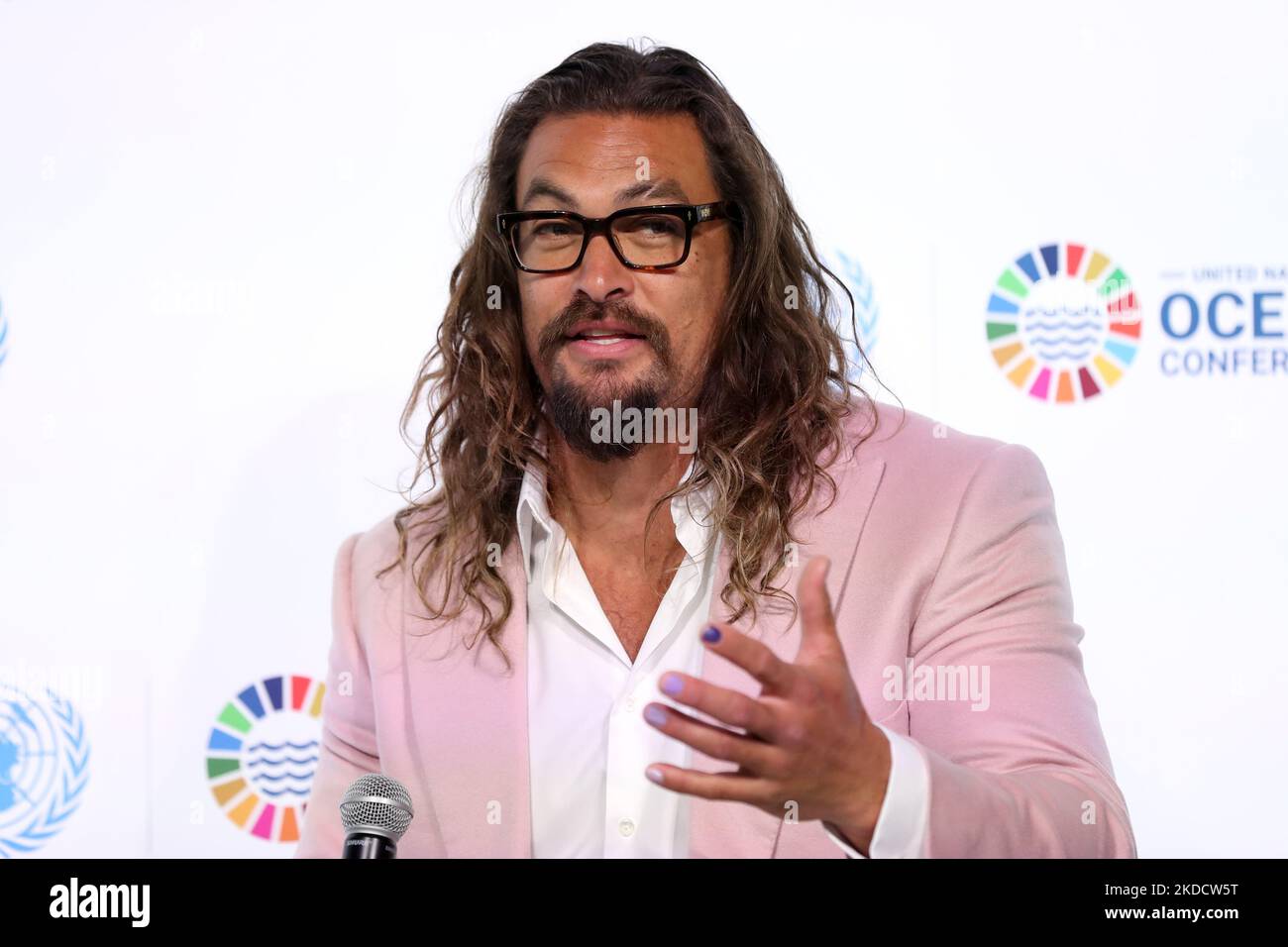 US Movie star and ocean activist Jason Momoa speaks during the United ...
