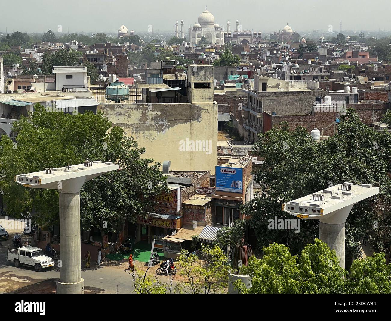Cement pillars are seen during construction of the Agra Metro project ...
