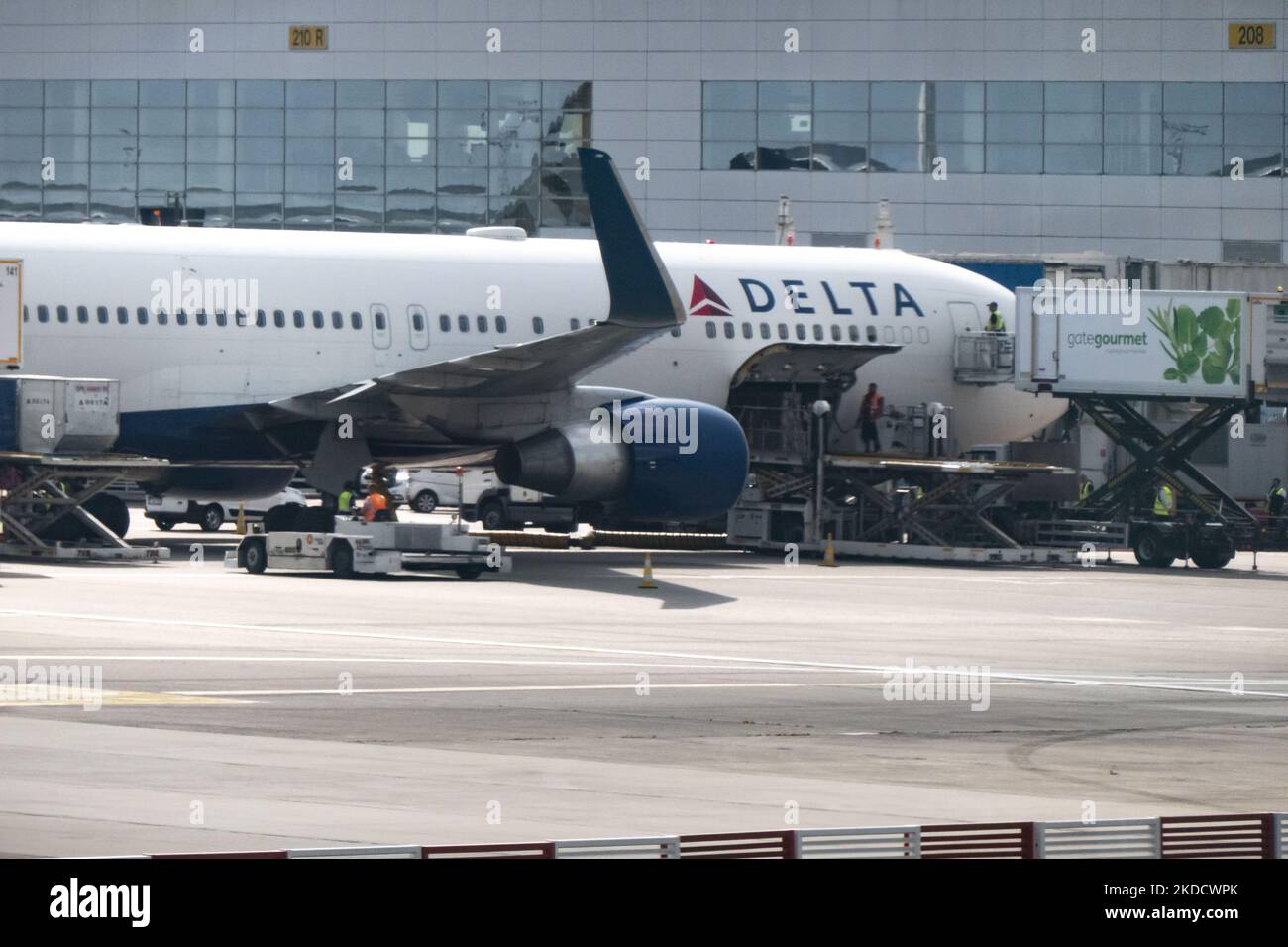 A Delta Air Lines Boeing 767 wide body jet airplane as seen in front of ...