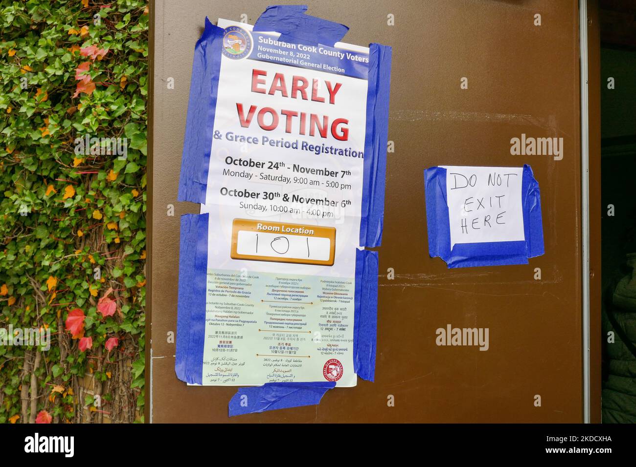 Multilingual early voting sign, Village Hall, Oak Park, Illinois Stock ...