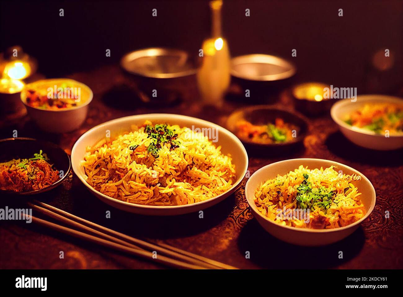 A 3D rendering of Biryani served in white plates on the table with ...