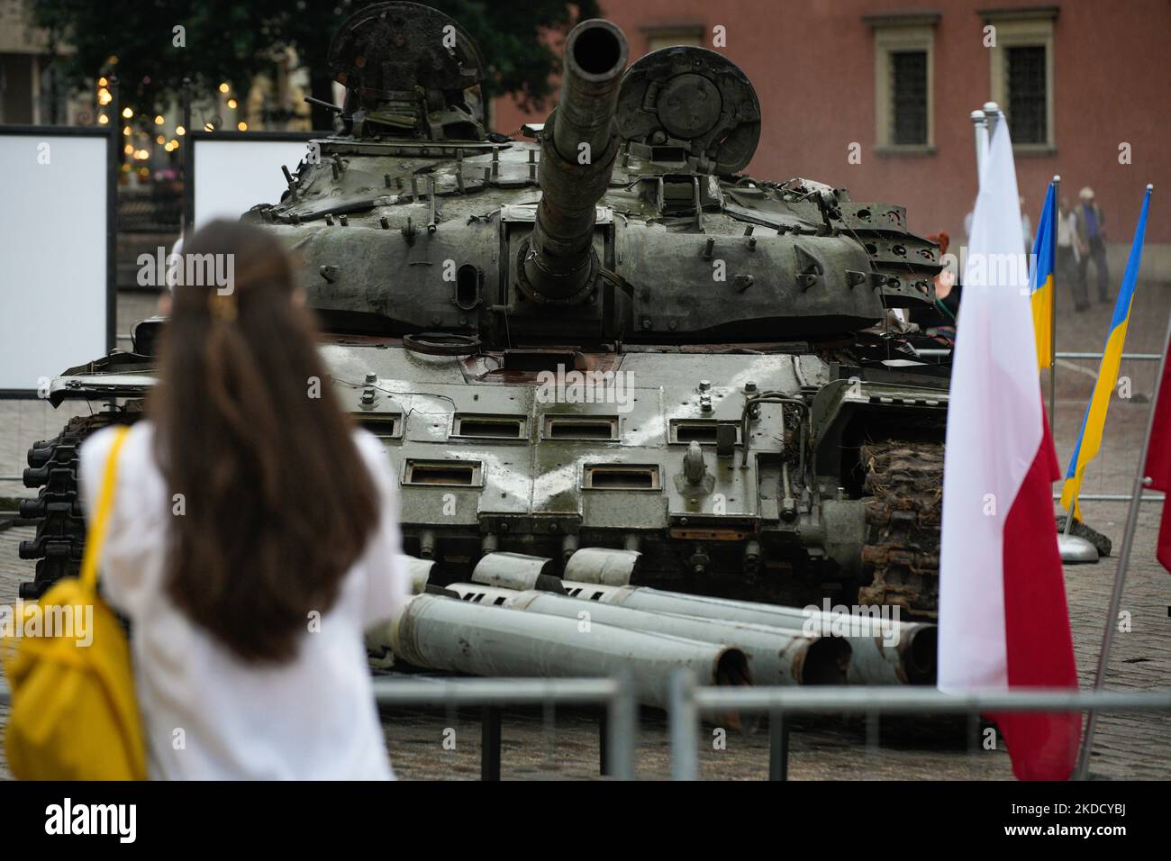 A Russian T-72 tank with a V sign painted on the front is seen near the ...