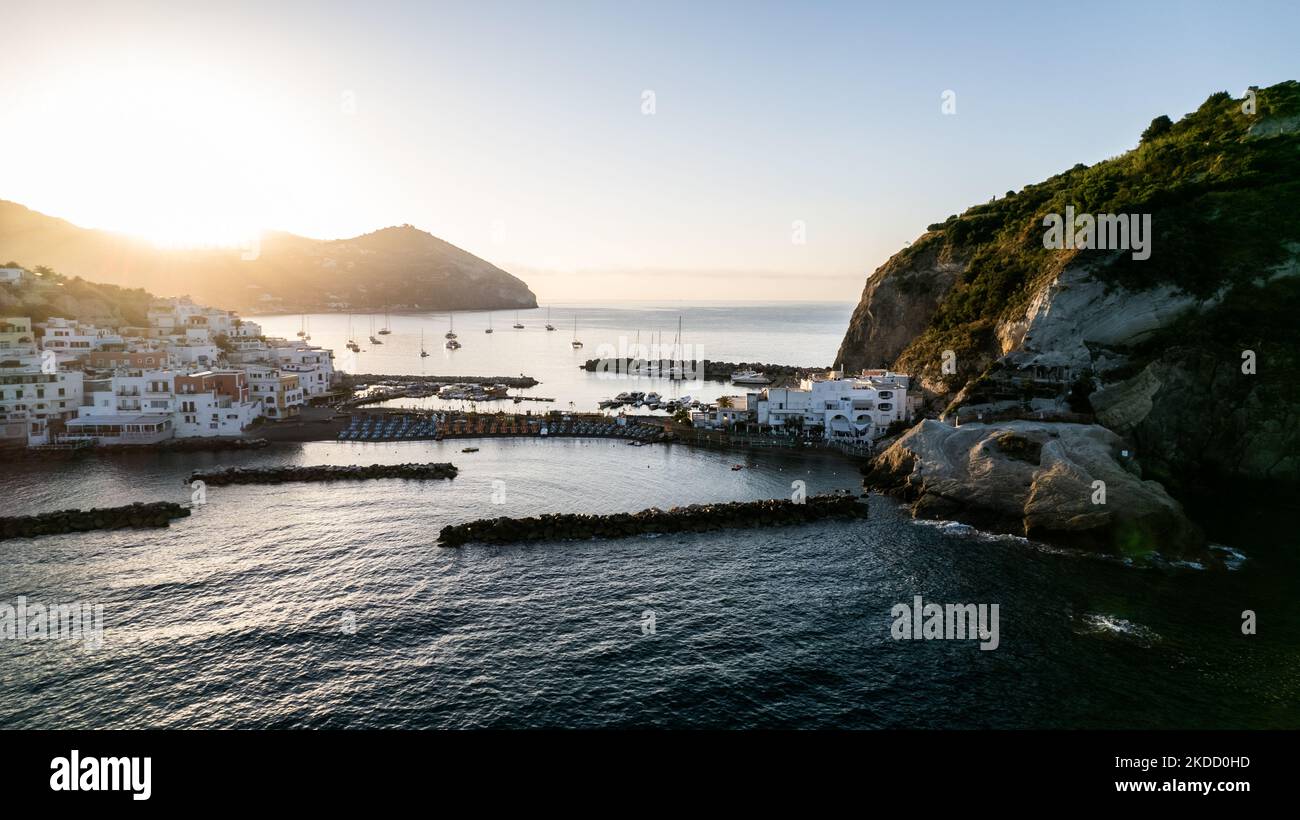 A drone view of Ischia Sant'Angelo at sunrise, in the island of Ischia ...