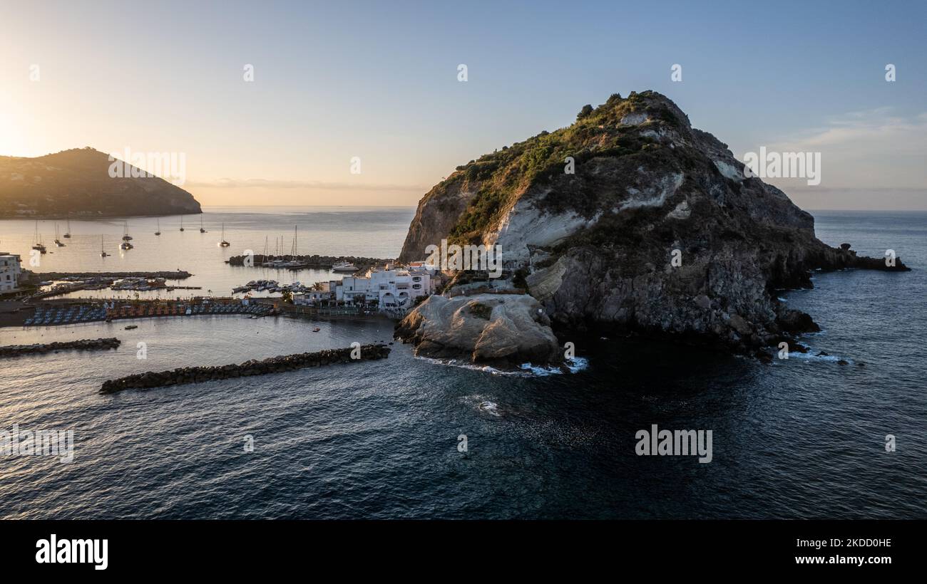 A drone view of Ischia Sant'Angelo at sunrise, in the island of Ischia ...