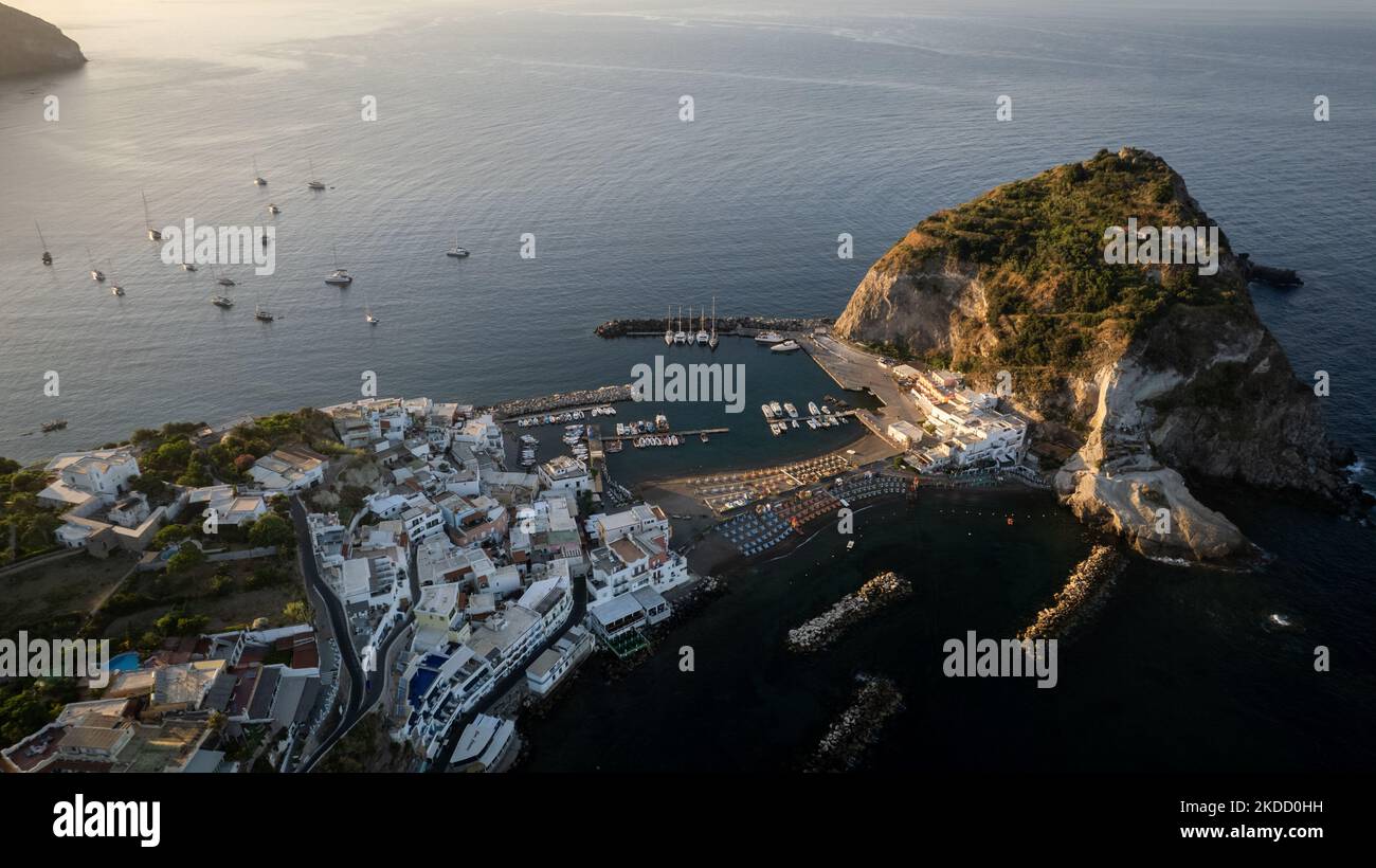 A drone view of Ischia Sant'Angelo at sunrise, in the island of Ischia ...