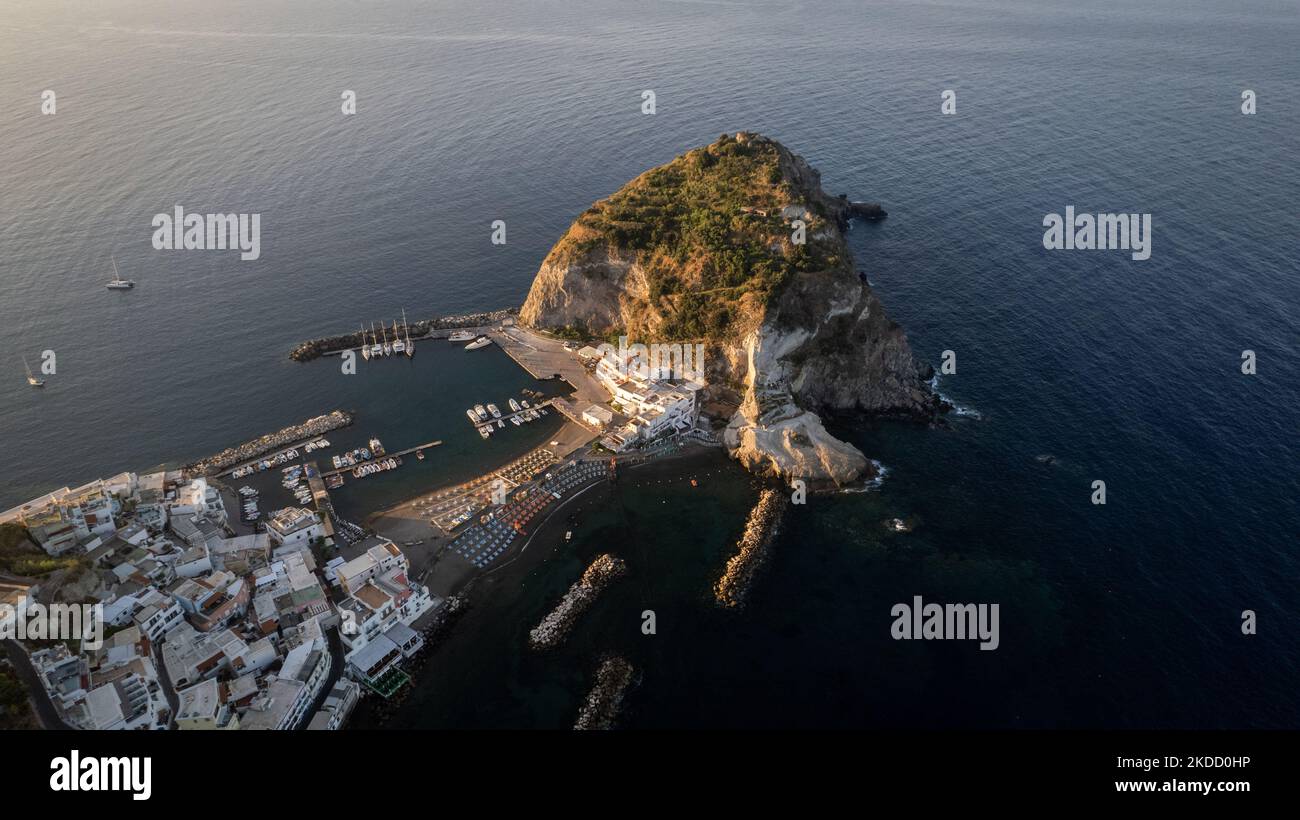A drone view of Ischia Sant'Angelo at sunrise, in the island of Ischia ...