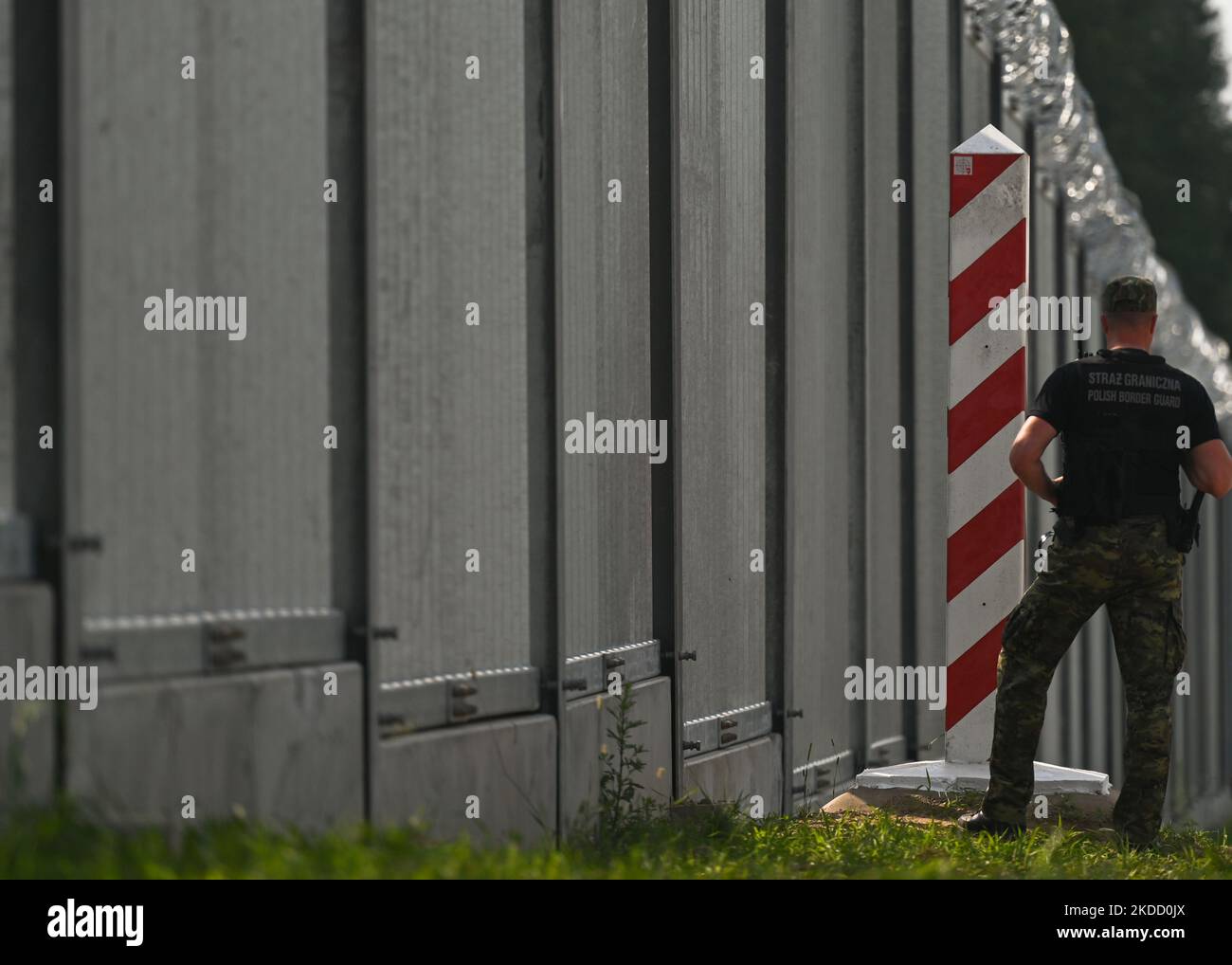 Polish border guard near the new fence on the Polish-Belarusian border ...