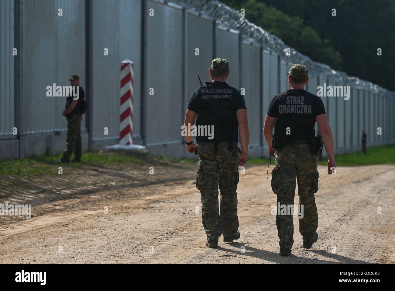 Polish border guards near the new fence on the Polish-Belarusian border ...