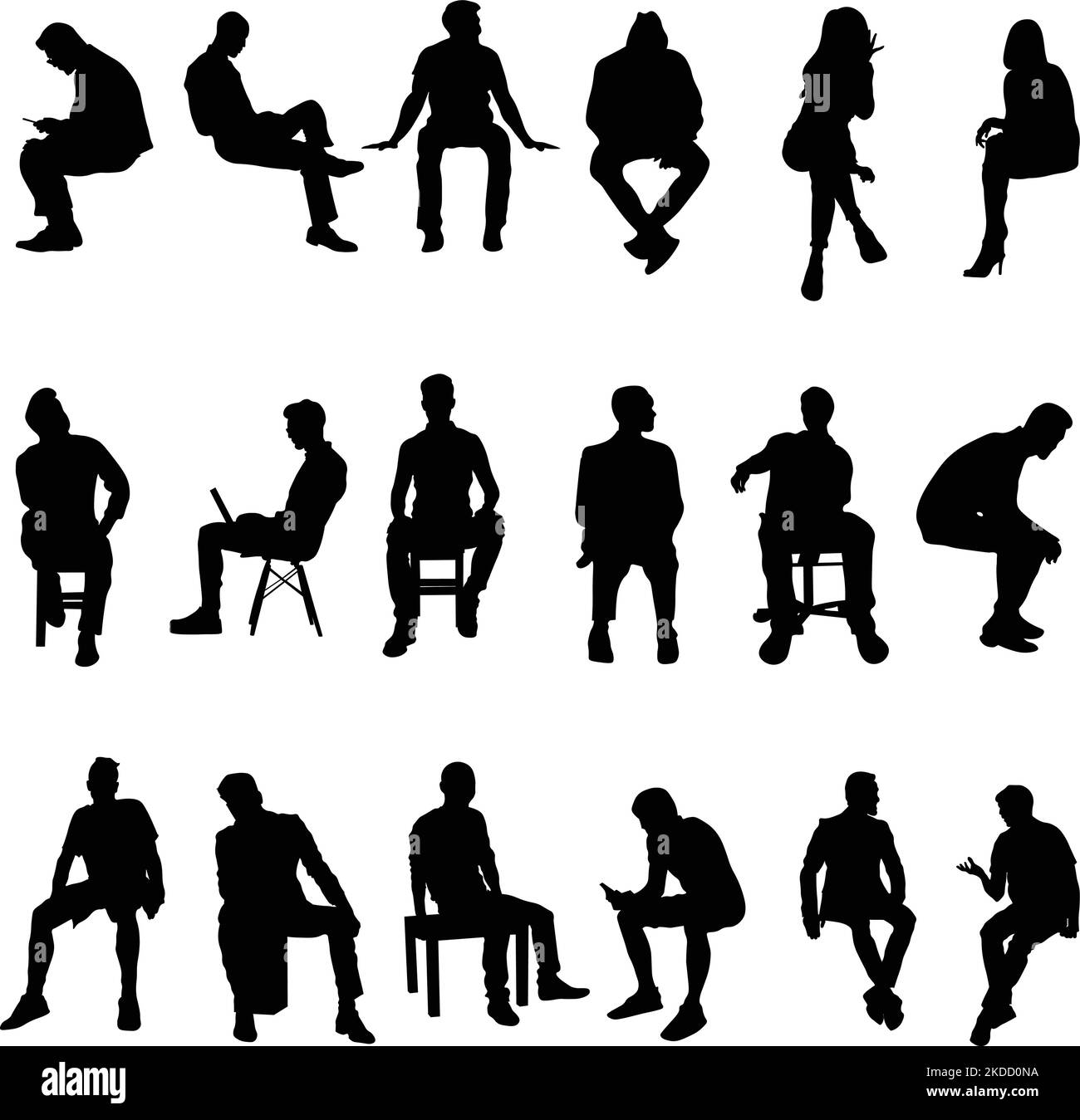 A pack of sitting male and female silhouettes on the white background ...