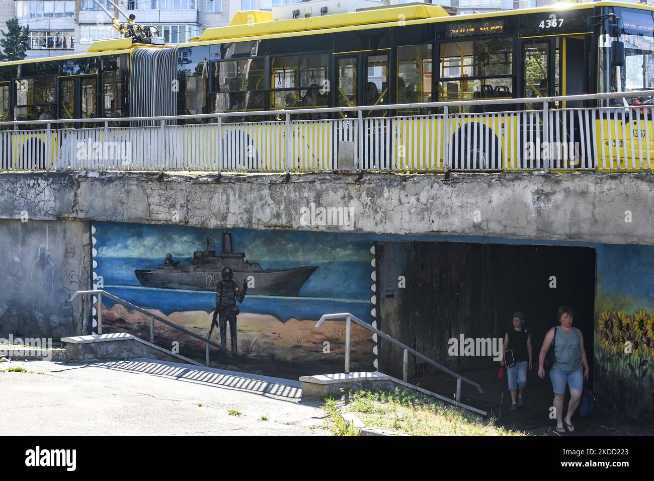 Mural with the iconic ukrainian postage stamp of a Ukrainian soldier ...