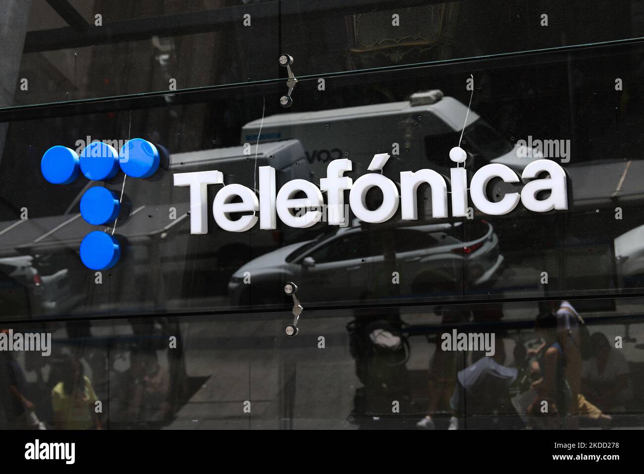 Telefonica logo is seen on the office building in Madrid, Spain on June ...