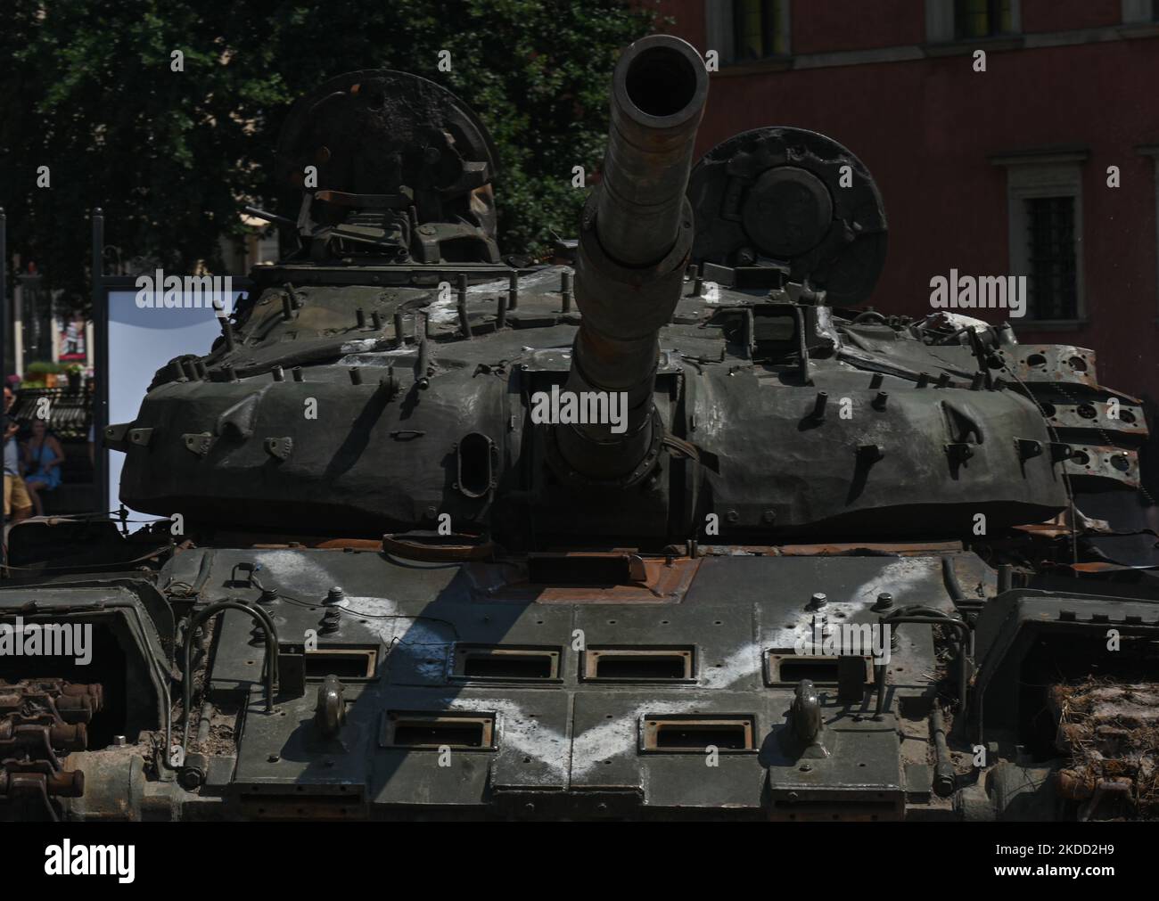 The partially destroyed Russian T-72BA tank with painted 'V' in front ...