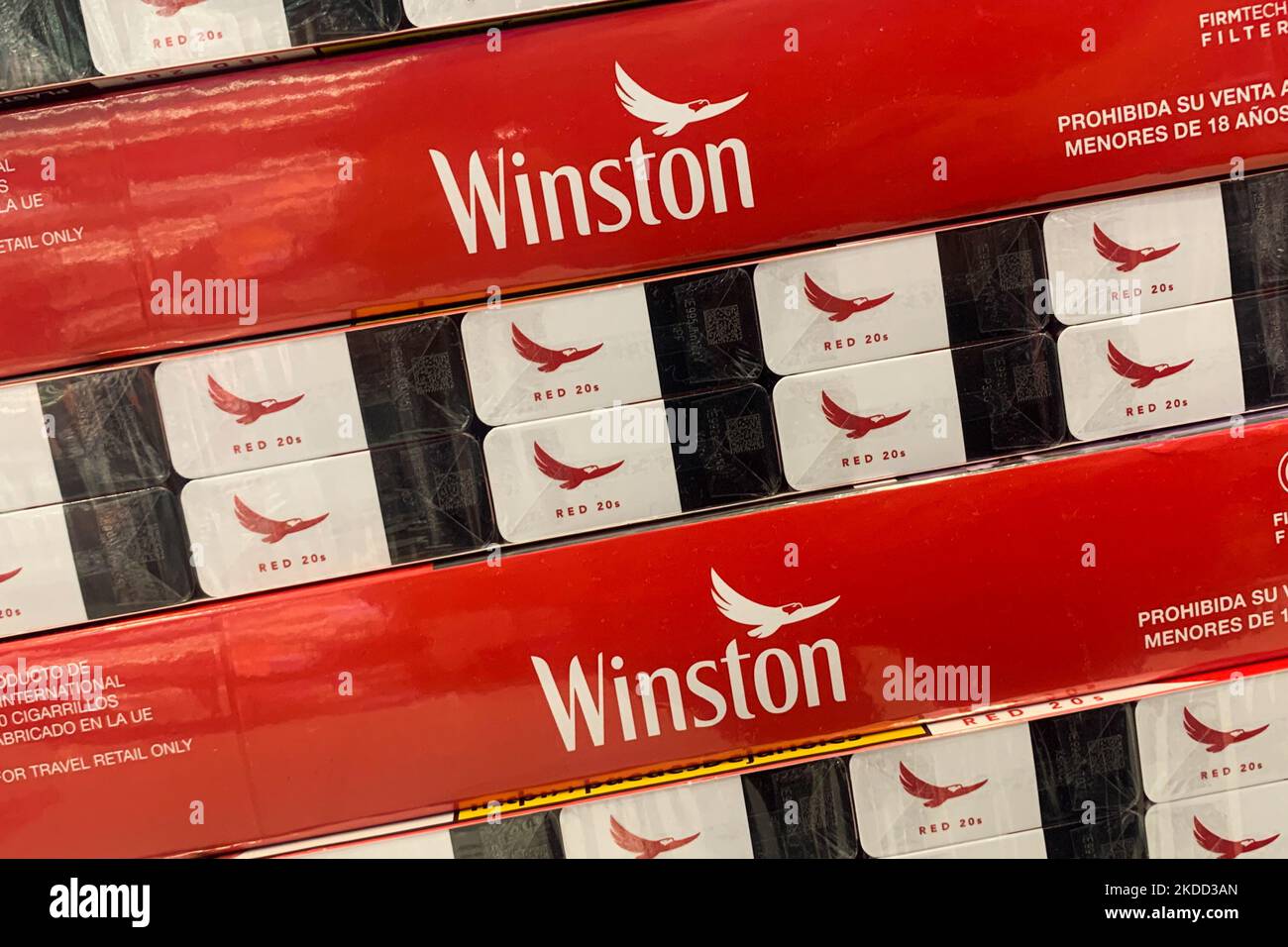 Winston packaging are seen in a travel retail store in Madrid, Spain on ...