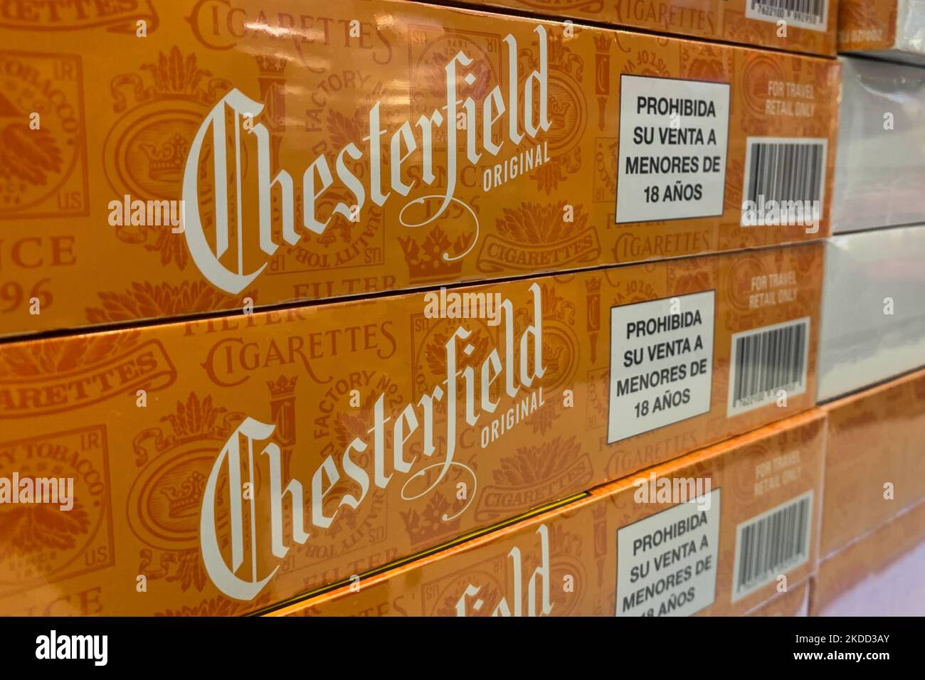 Chesterfield packaging are seen in a travel retail store in Madrid ...