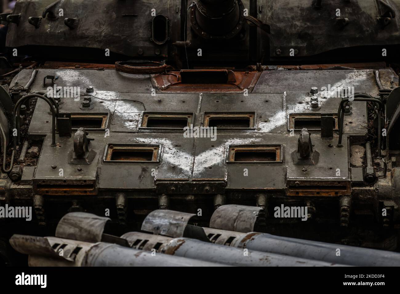 V-symbol is painted on Russian T-72B tank destroyed on the battlefields ...