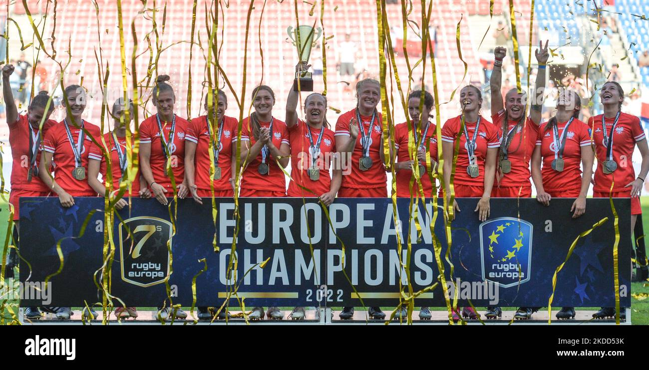 Members of Poland's national rugby sevens team celebrate at the Awards ...