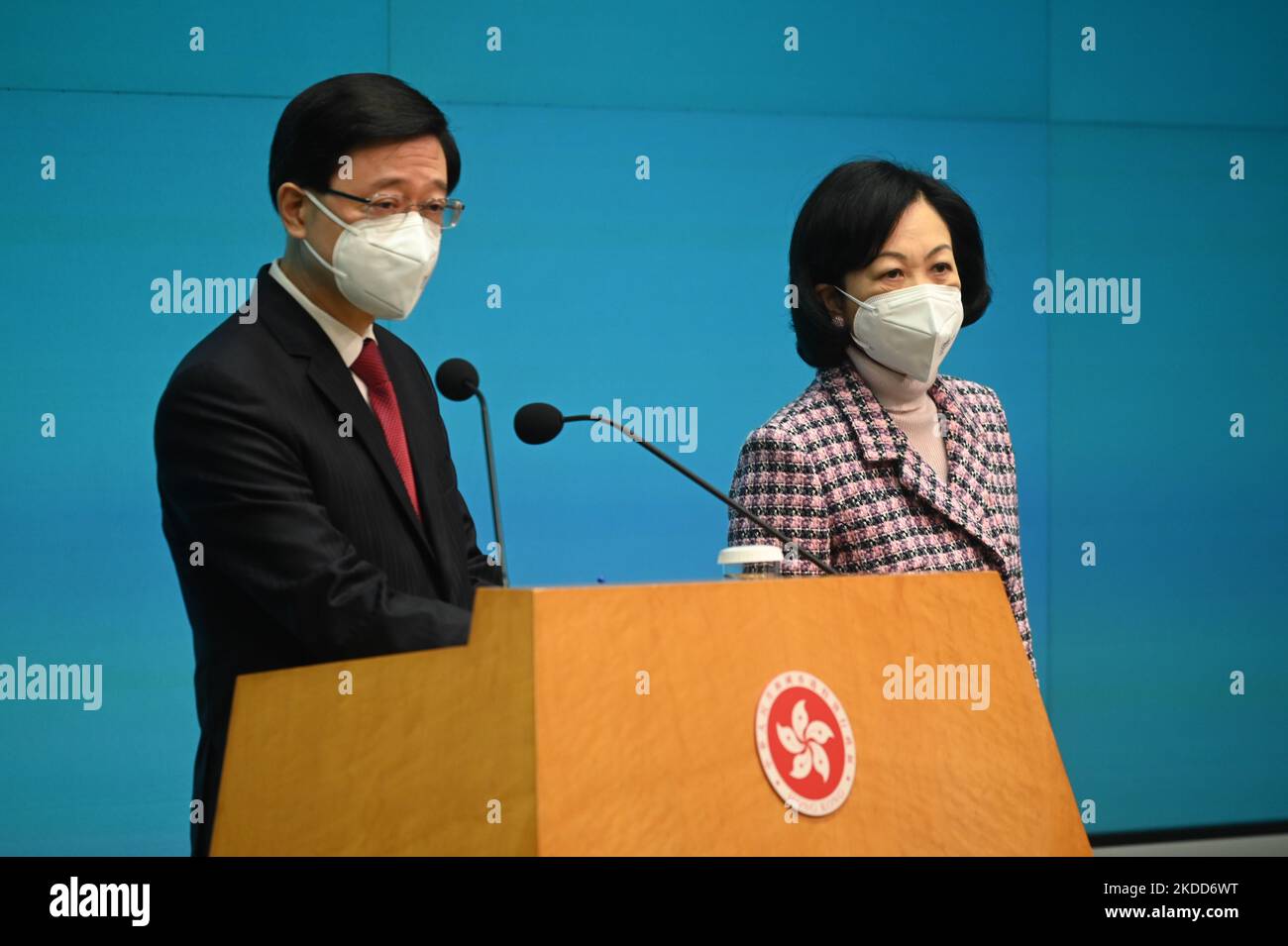 (Left) Chief Executive John Lee, (Right) Regina Ip, during a press ...