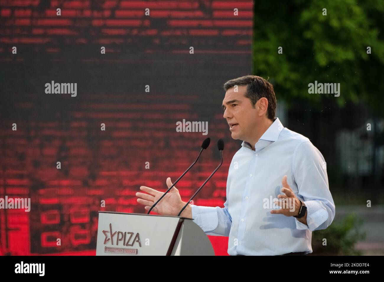 Alexis Tsipras is giving a speech about the program of SYRIZA for ...