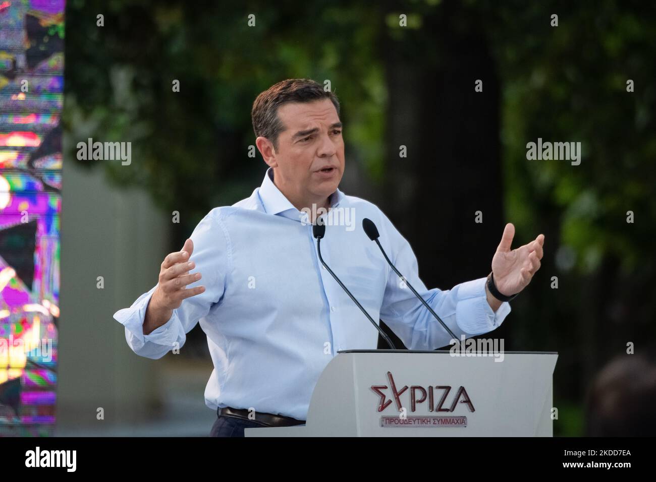 Alexis Tsipras is giving a speech about the program of SYRIZA for ...
