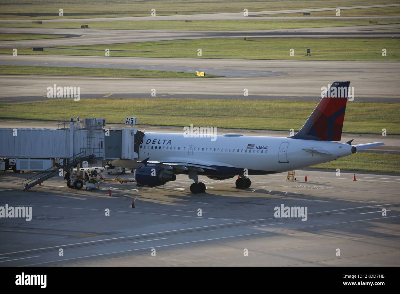 A Delta Air Lines plane can be seen at a terminal in George Bush ...