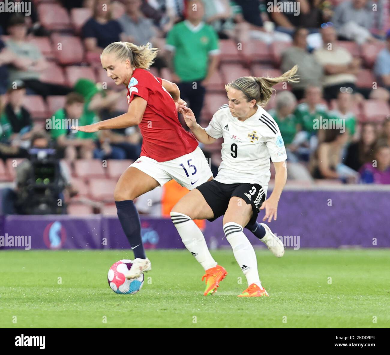 L-R Amalie Eikeland of Norway holds of Simone Magill (Everton)of ...