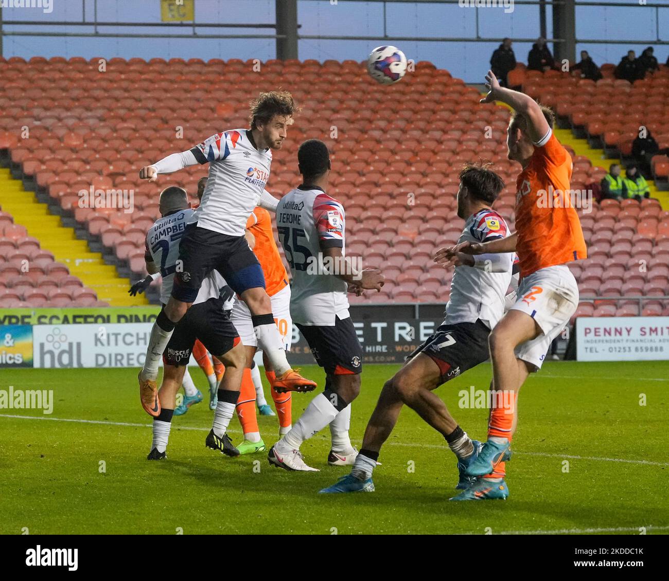 Tom Lockyer #4 of Luton Town heads clear during the Sky Bet ...