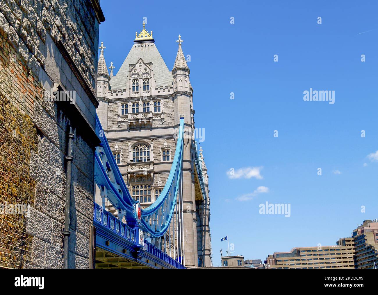 One tower and suspension railings of famous Tower Bridge, London United ...