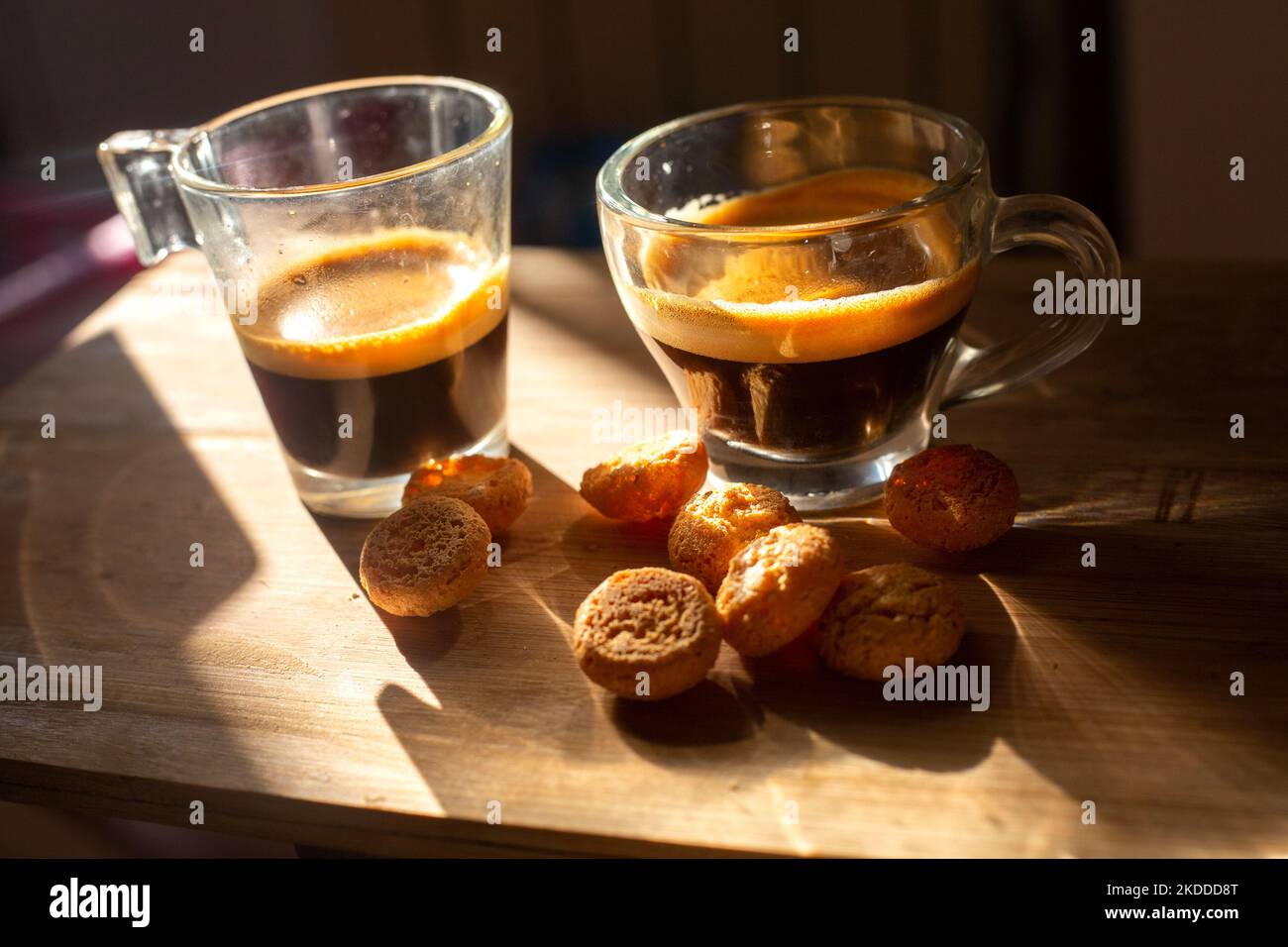 Top view on two transparent cups of italian coffee espresso on wooden ...