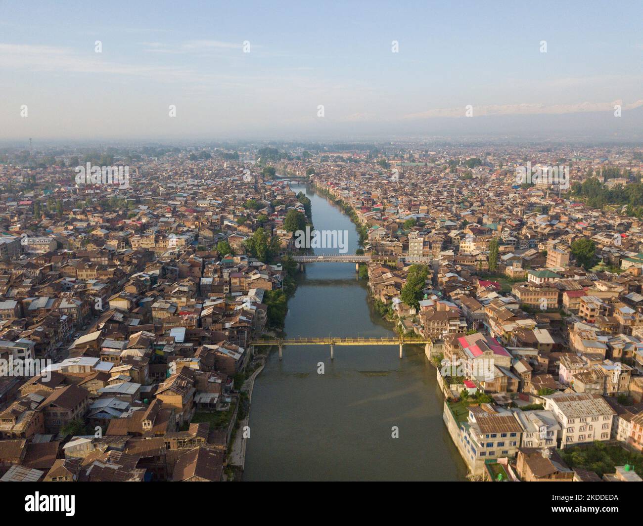 A bird's eye view bridges over the river in the Old City of Srinagar in ...