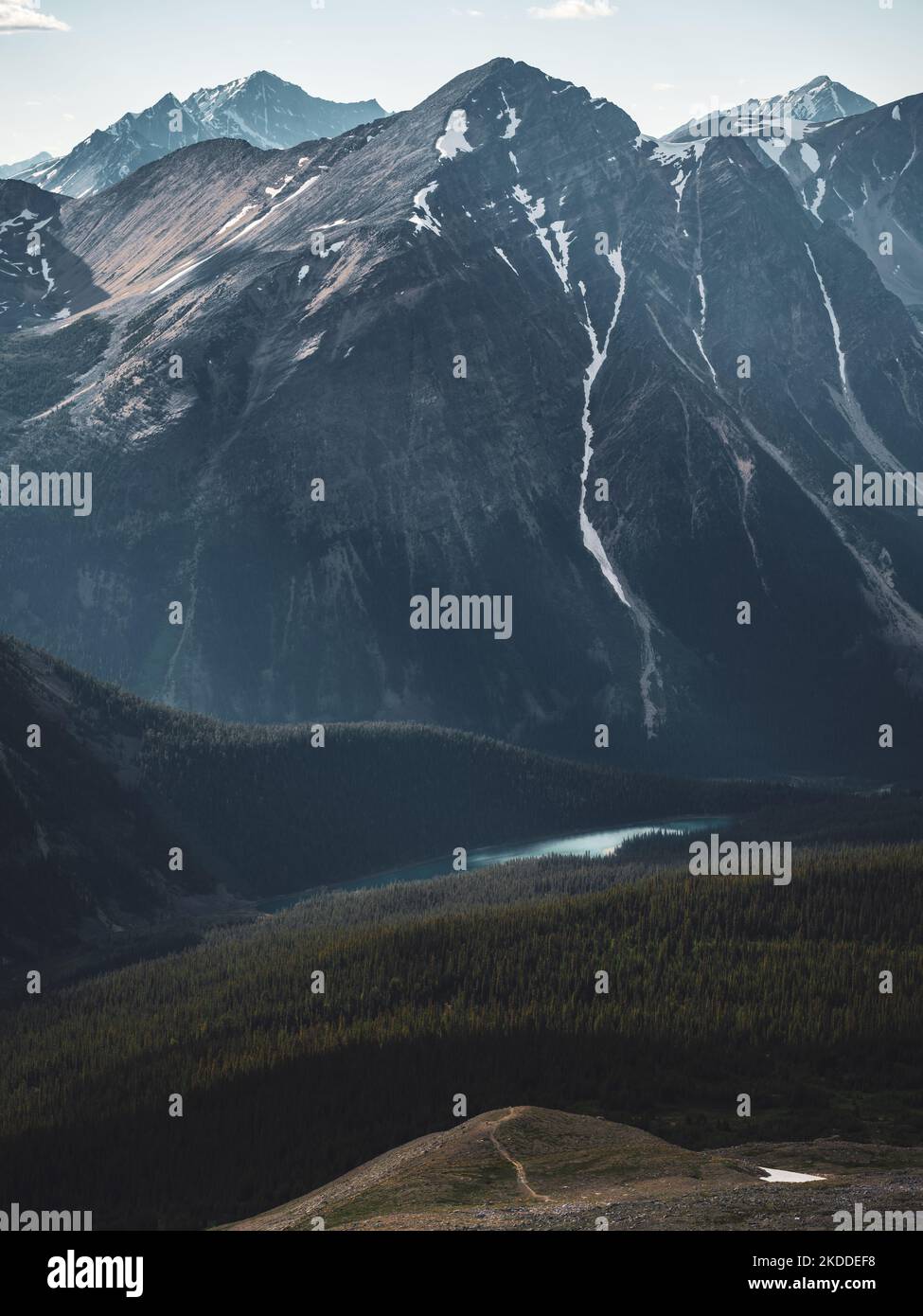 A vertical view of a mountain range with forest underneath it in Canada ...