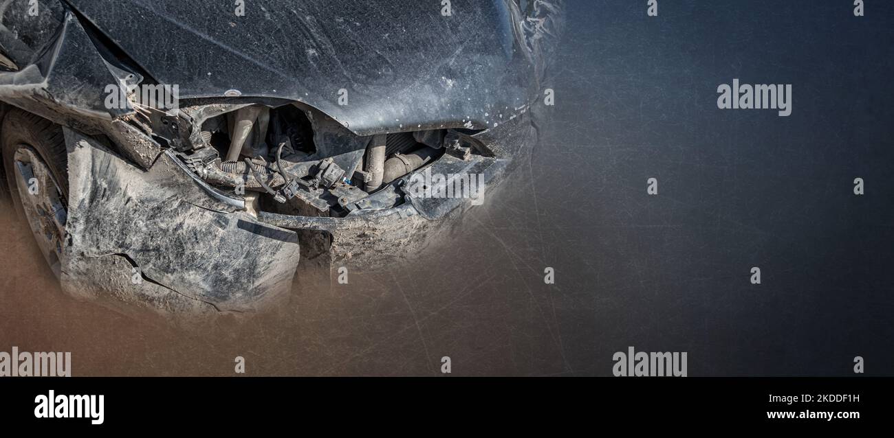 Close-up of a crashed car as a background. Banner format with free copy ...