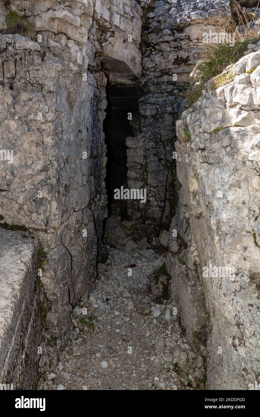 Remains of a military bunker on Mount Piano in the Dolomite Alps, built ...