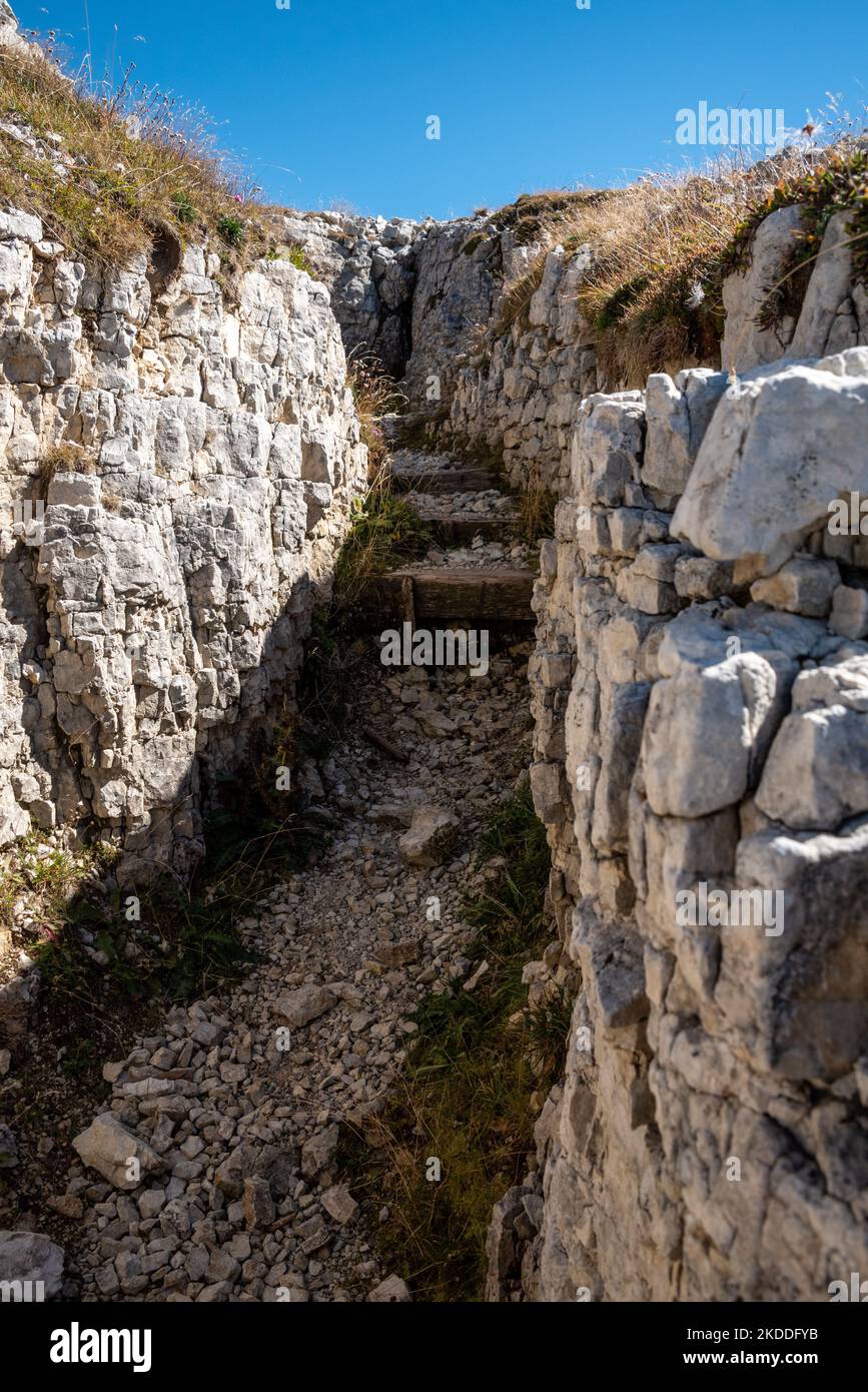 Remains of military trenches on Mount Piano in the Dolomite Alps, built ...