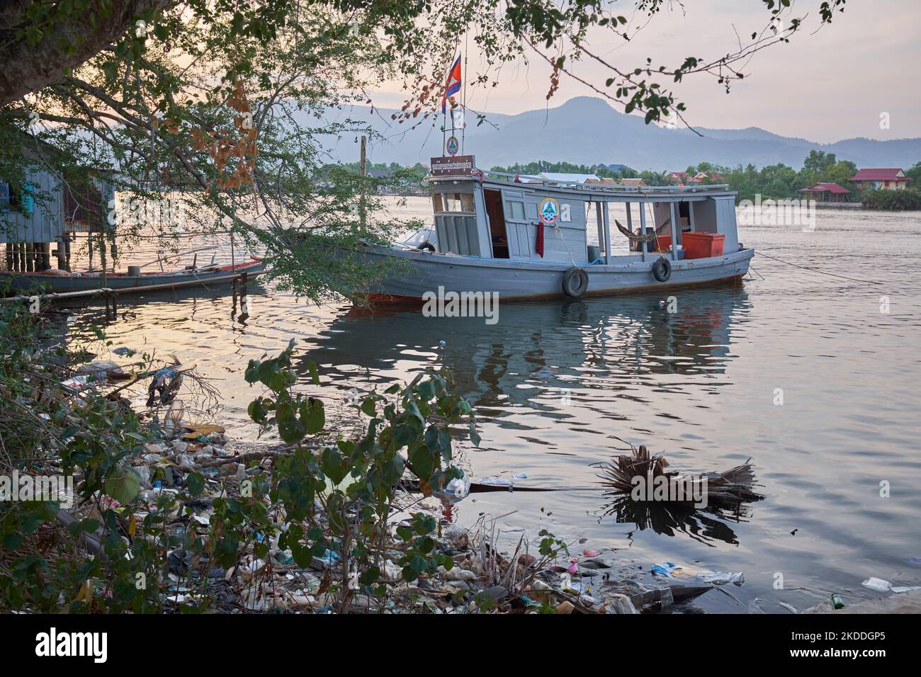 Riverside Scene with Ferry Boat Kampot Cambodia Stock Photo - Alamy