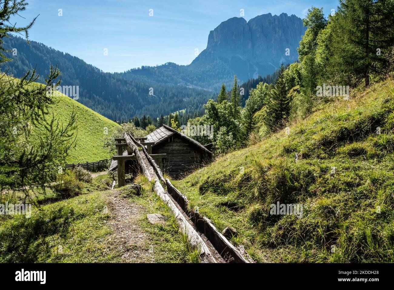 An old wooden inlet channel of a watermill in Val di Morins, the ...