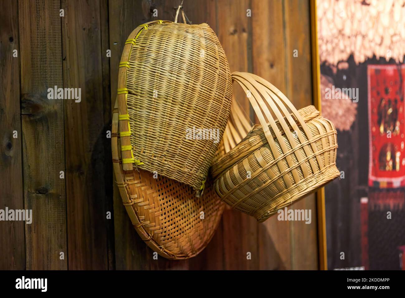 Chinese traditional woven bamboo baskets hanging in the shop Stock ...