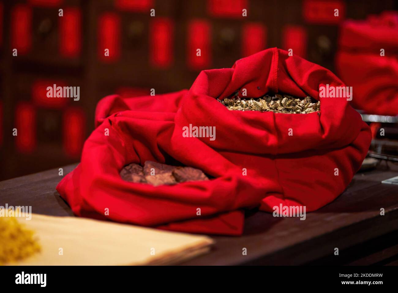 Close-up of medicinal materials in a Chinese traditional medicine shop ...
