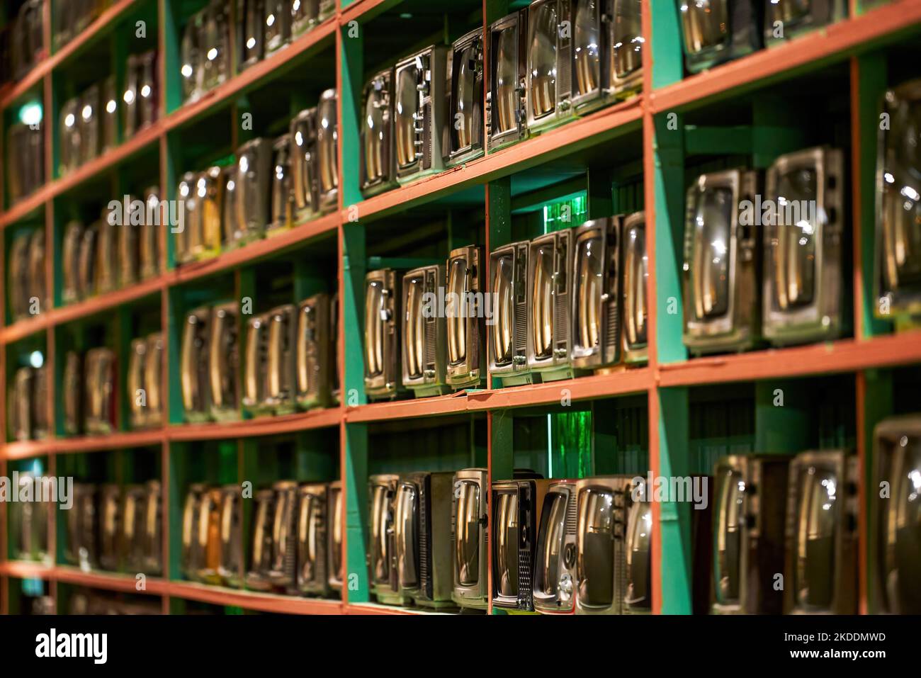 Old retro CRT TVs all over the wall Stock Photo - Alamy