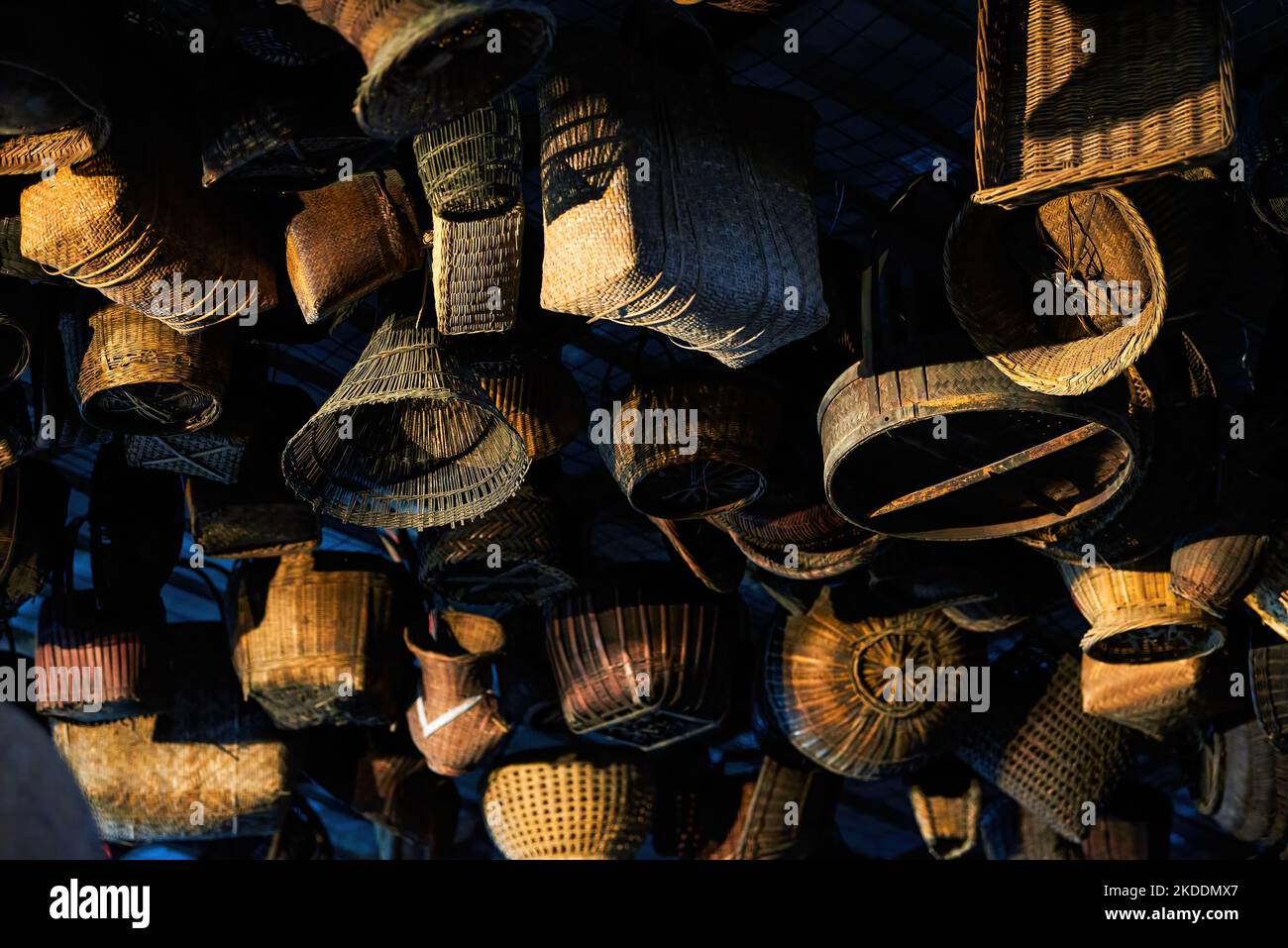 Chinese traditional woven bamboo baskets hanging in the shop Stock ...