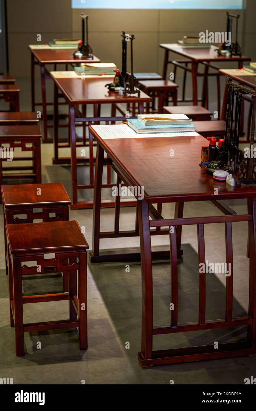 Close-up of Chinese traditional study room and pen, ink, paper and ...