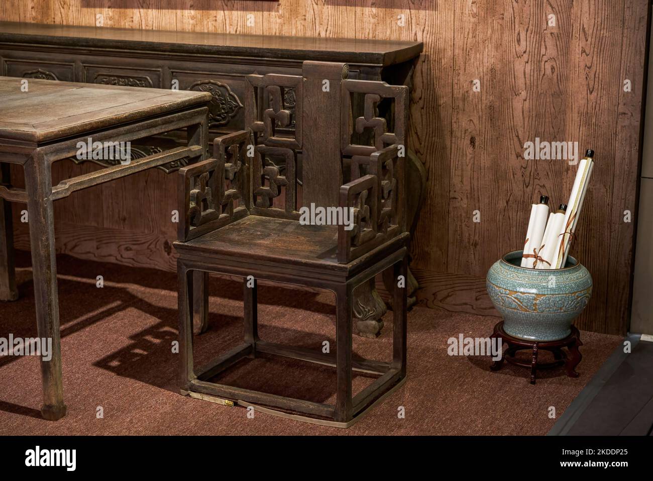 Close-up of tables and chairs of traditional Chinese mahogany furniture ...