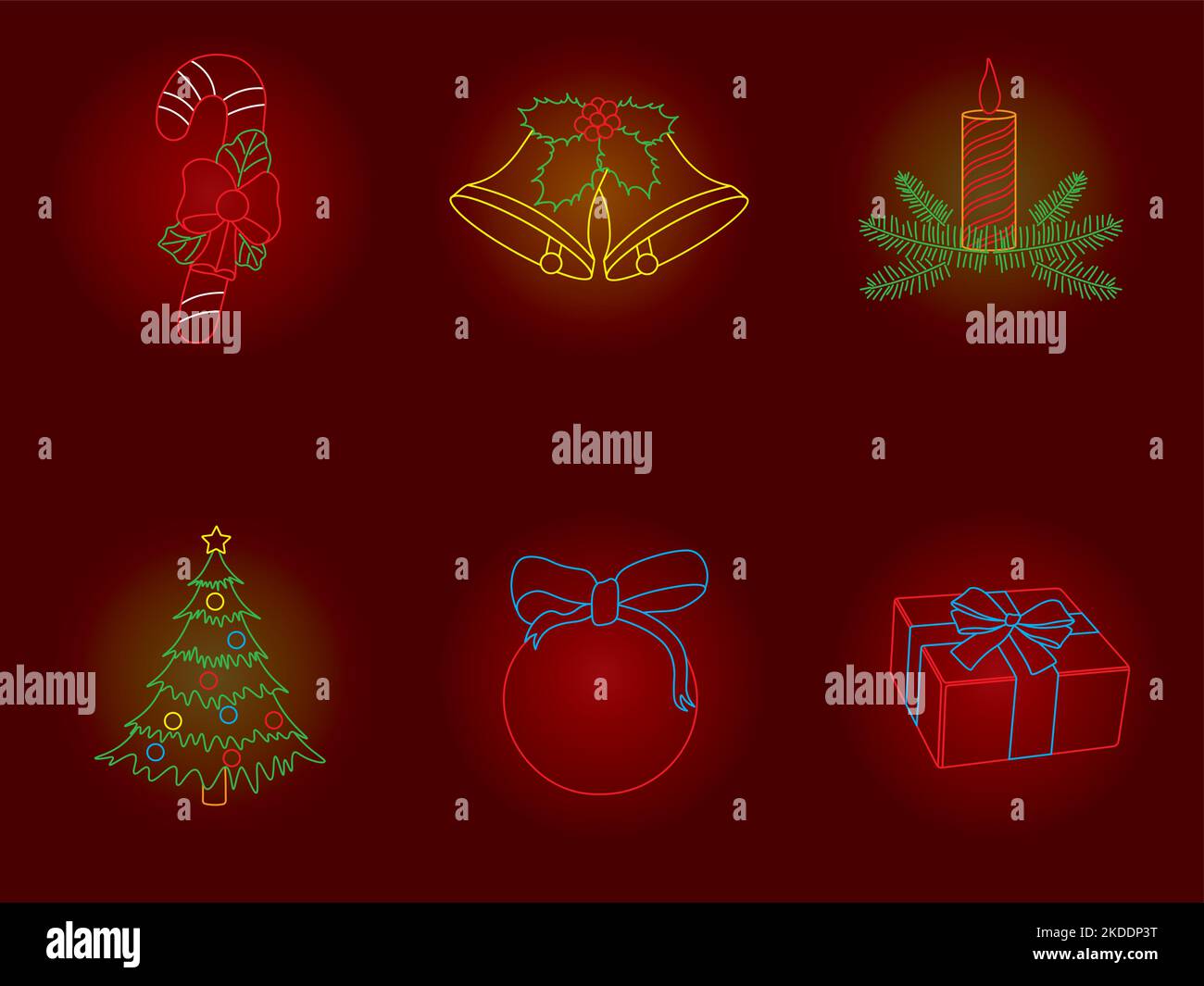 Christmas and new year neon light decorations on dark red background ...