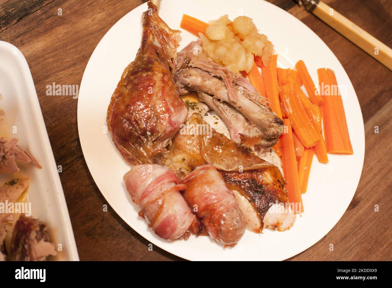 Tasty roast turkey dinner with pigs in blankets, or bacon wrapped pork ...