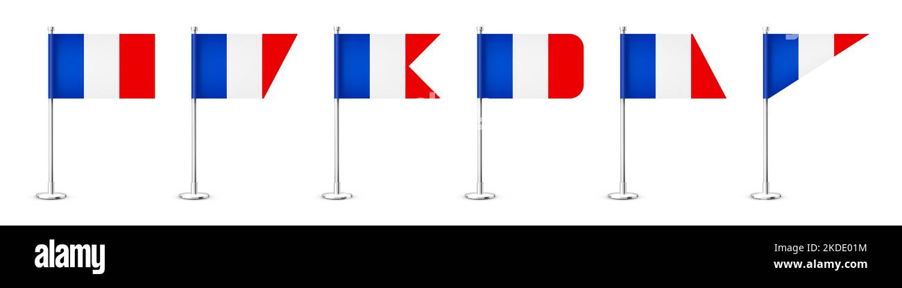 Realistic various French table flags on a chrome steel pole. Souvenir ...